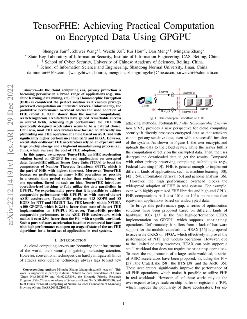 Tensorfhe Achieving Practical Computation On Encrypted Data Using Gpgpu Deepai