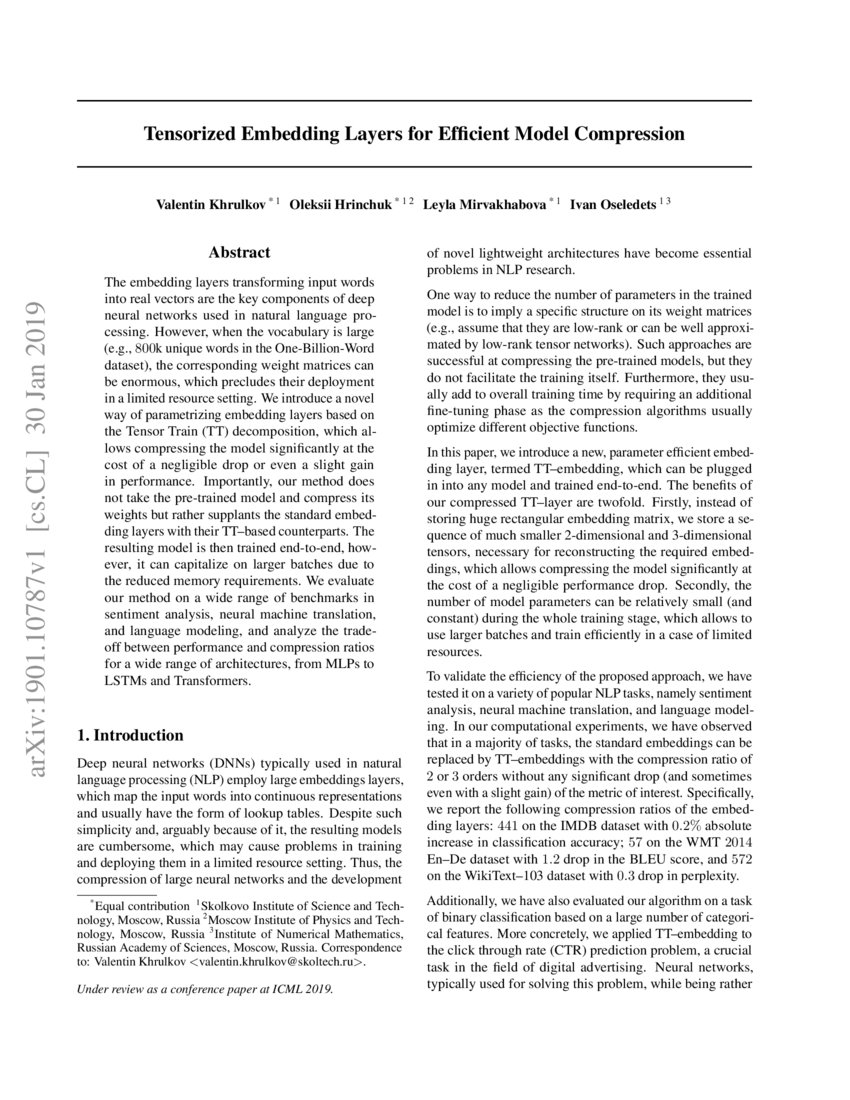 Tensorized Embedding Layers for Efficient Model Compression | DeepAI