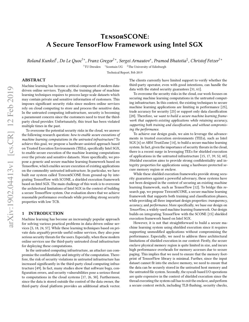 TensorSCONE: A Secure TensorFlow Framework using Intel SGX | DeepAI