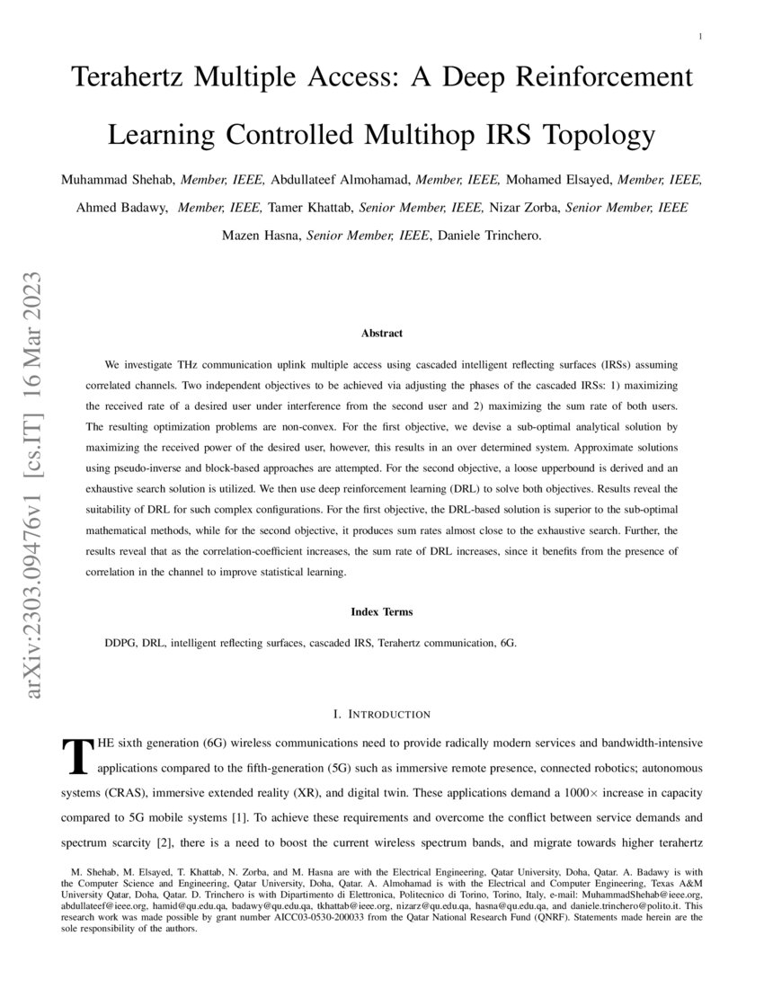 Terahertz Multiple Access: A Deep Reinforcement Learning Controlled Multihop IRS Topology | DeepAI