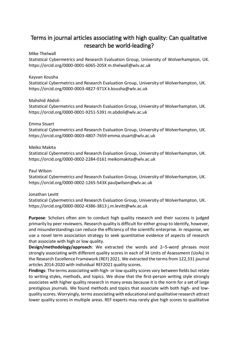 Terms in journal articles associating with high quality: Can ...