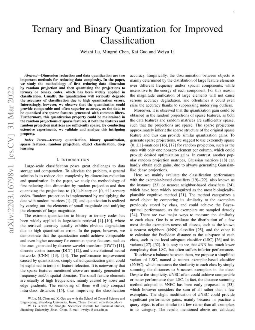 Ternary And Binary Quantization For Improved Classification Deepai