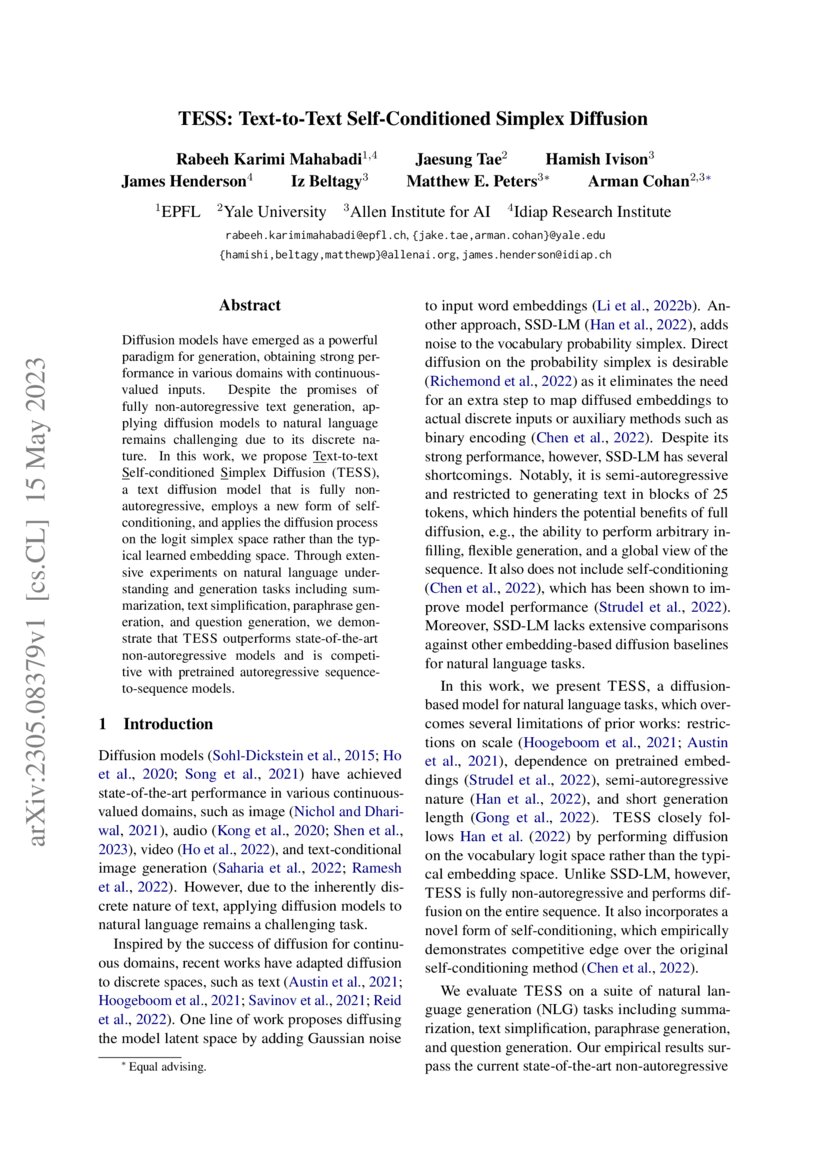 TESS: Text-to-Text Self-Conditioned Simplex Diffusion | DeepAI