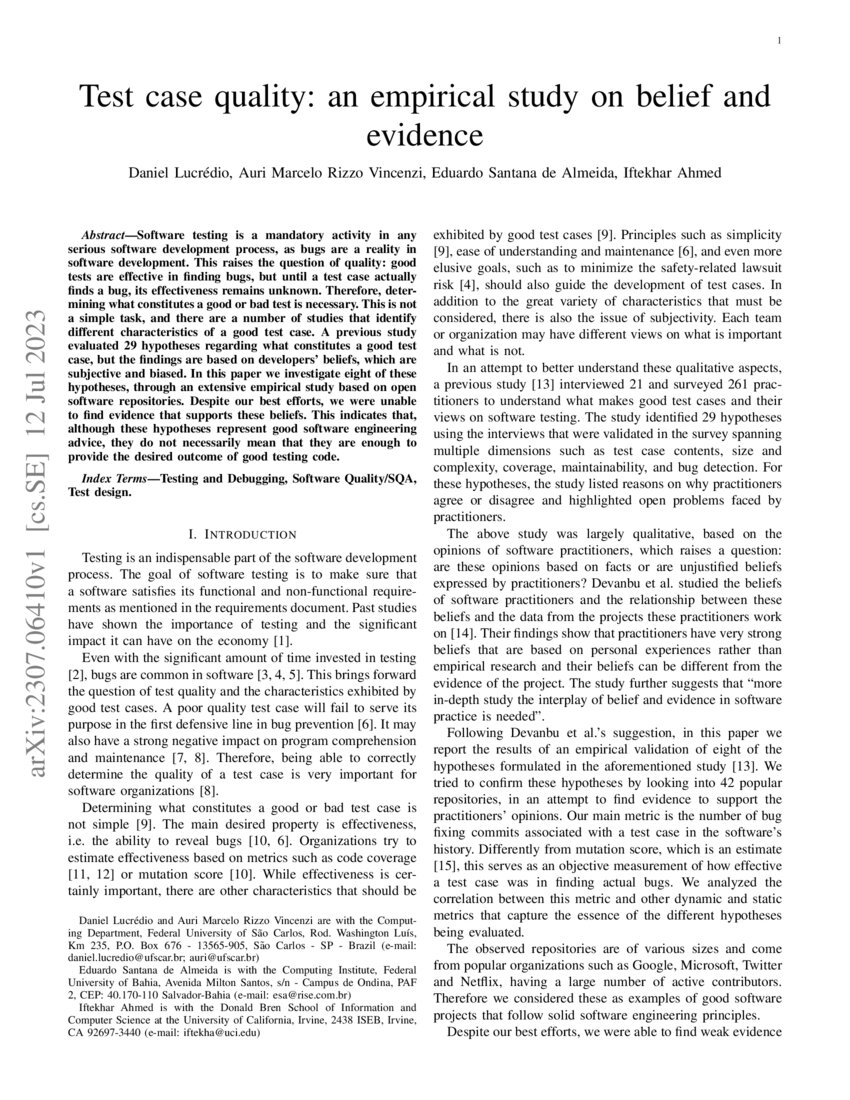 Test case quality: an empirical study on belief and evidence | DeepAI