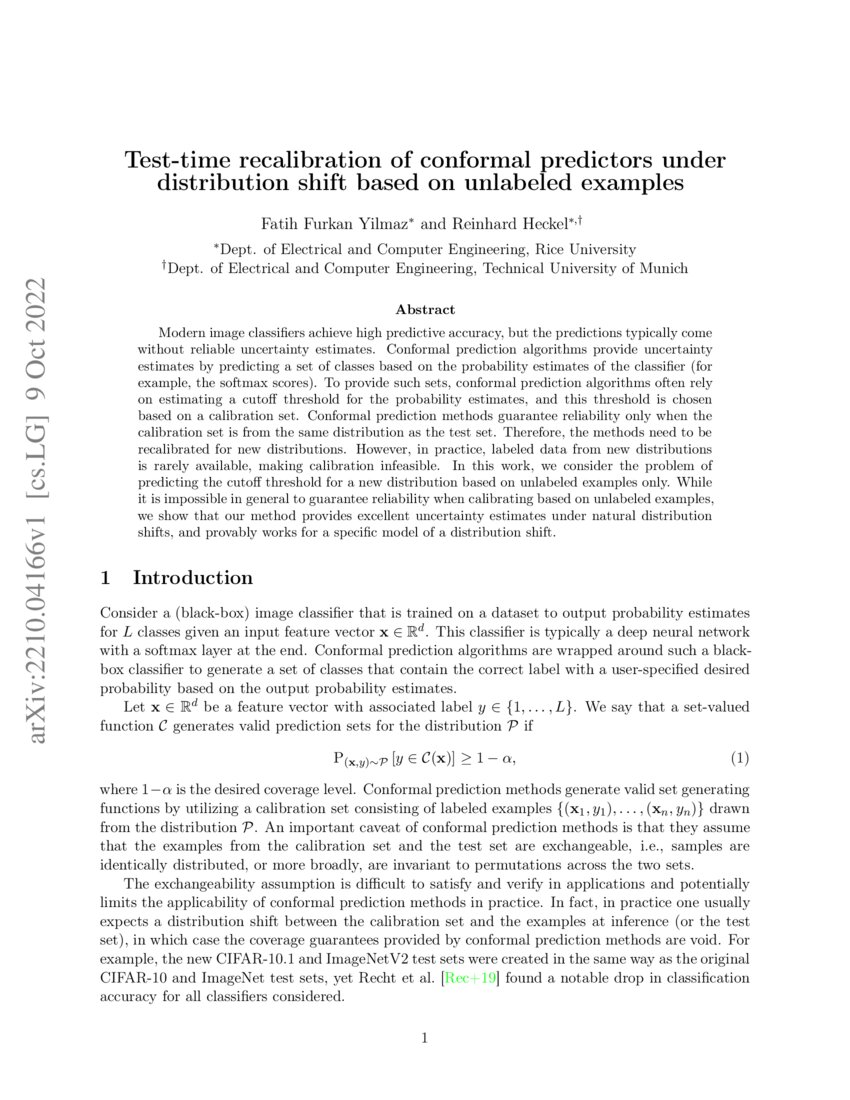 Test Time Recalibration Of Conformal Predictors Under Distribution Shift Based On Unlabeled