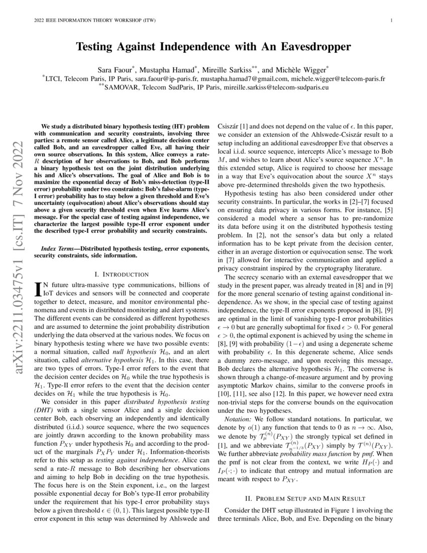 Testing Against Independence with an Eavesdropper | DeepAI