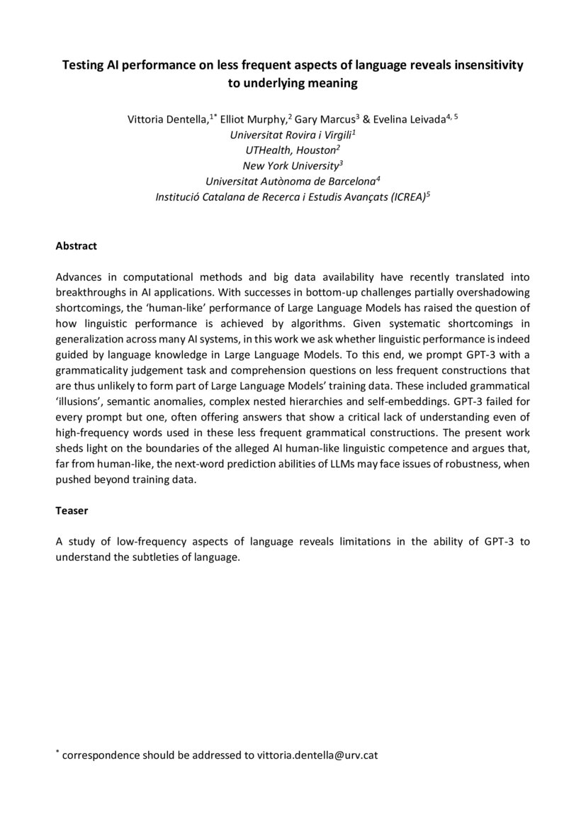 Testing AI performance on less frequent aspects of language reveals ...