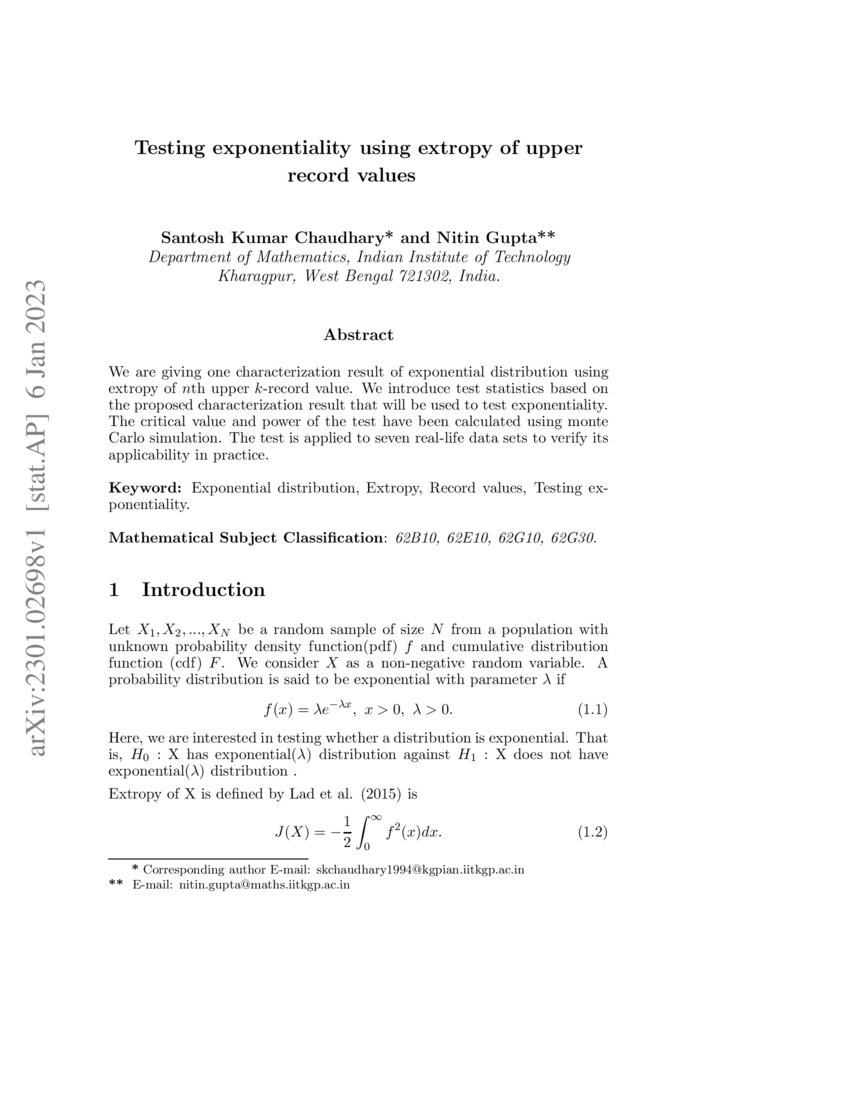 Testing Exponentiality Using Extropy Of Upper Record Values Deepai