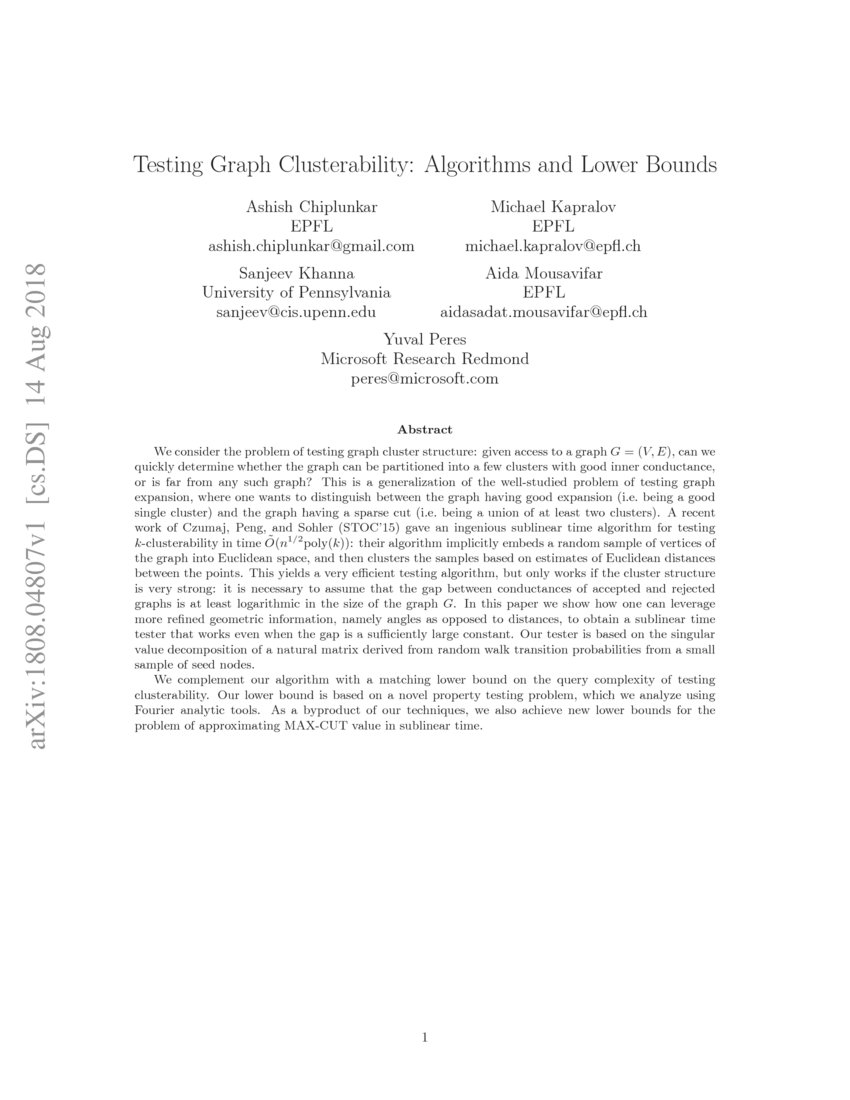 Testing Graph Clusterability: Algorithms and Lower Bounds | DeepAI Testing Graph Clusterability: Algorithms and Lower Bounds | DeepAI
