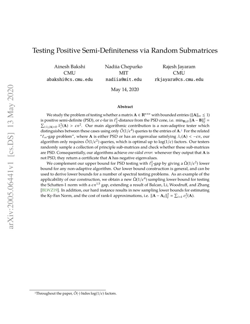 Testing Positive Semi Definiteness Via Random Submatrices Deepai