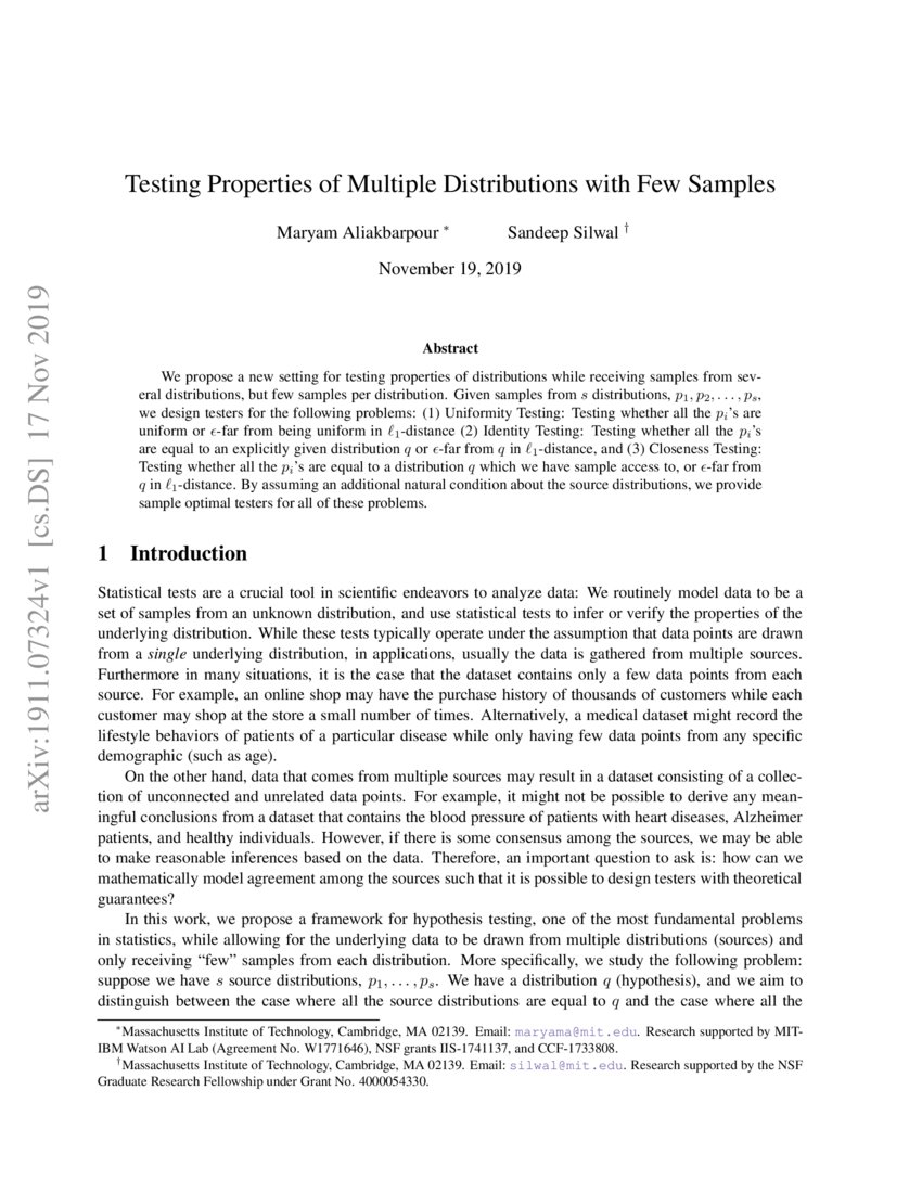 Testing Properties of Multiple Distributions with Few Samples | DeepAI