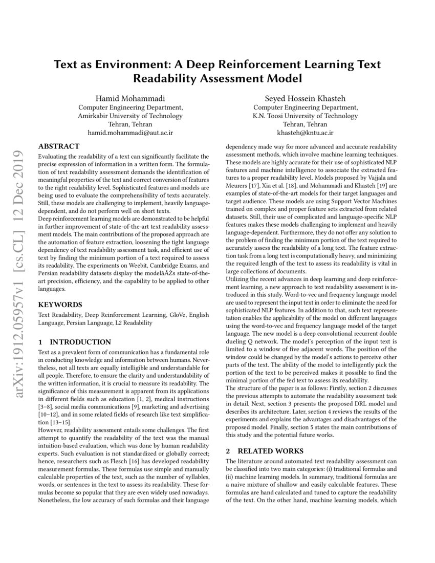 Text As Environment A Deep Reinforcement Learning Text Readability Assessment Model Deepai