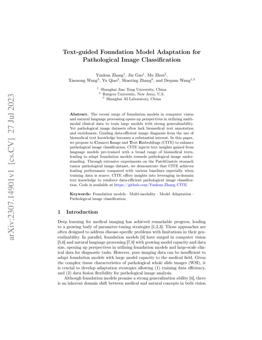 Text-guided Foundation Model Adaptation for Pathological Image Classification | DeepAI