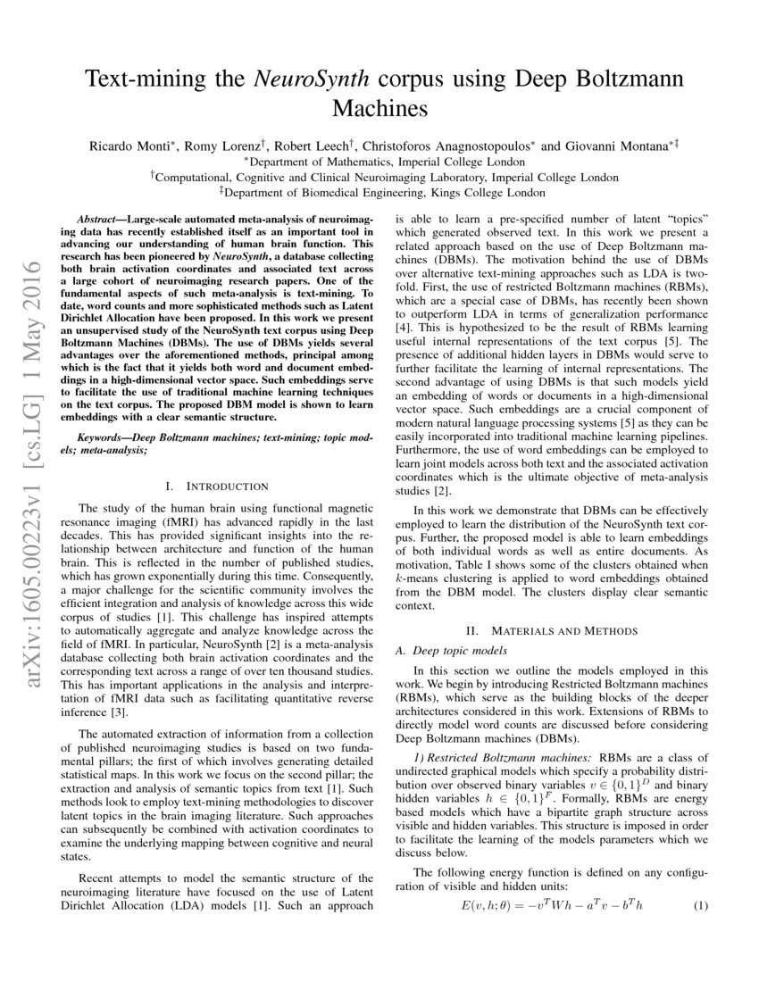 Text-mining the NeuroSynth corpus using Deep Boltzmann Machines | DeepAI
