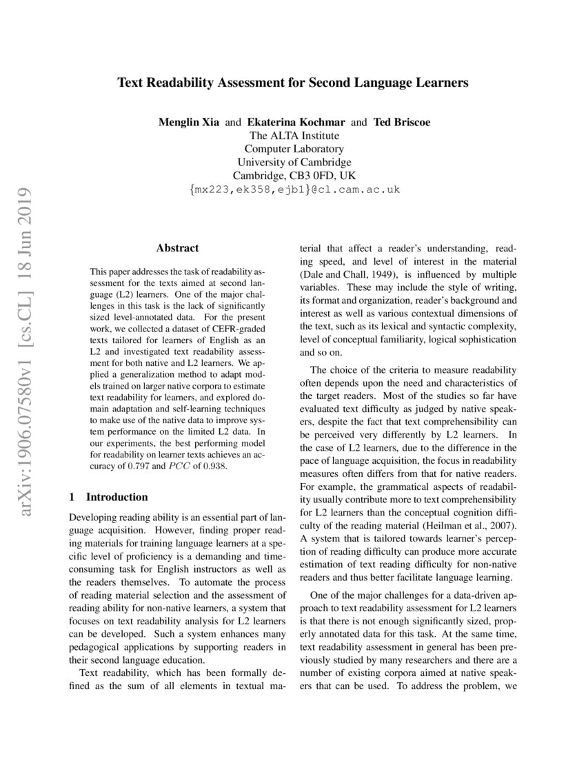 Text Readability Assessment for Second Language Learners | DeepAI