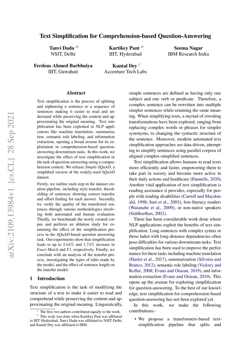 Text Simplification for Comprehension-based Question-Answering | DeepAI