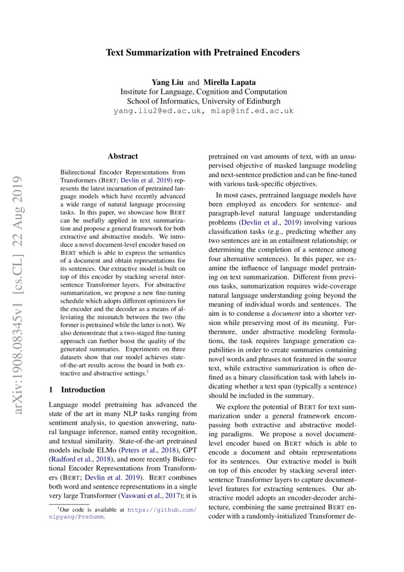 Text Summarization with Pretrained Encoders | DeepAI