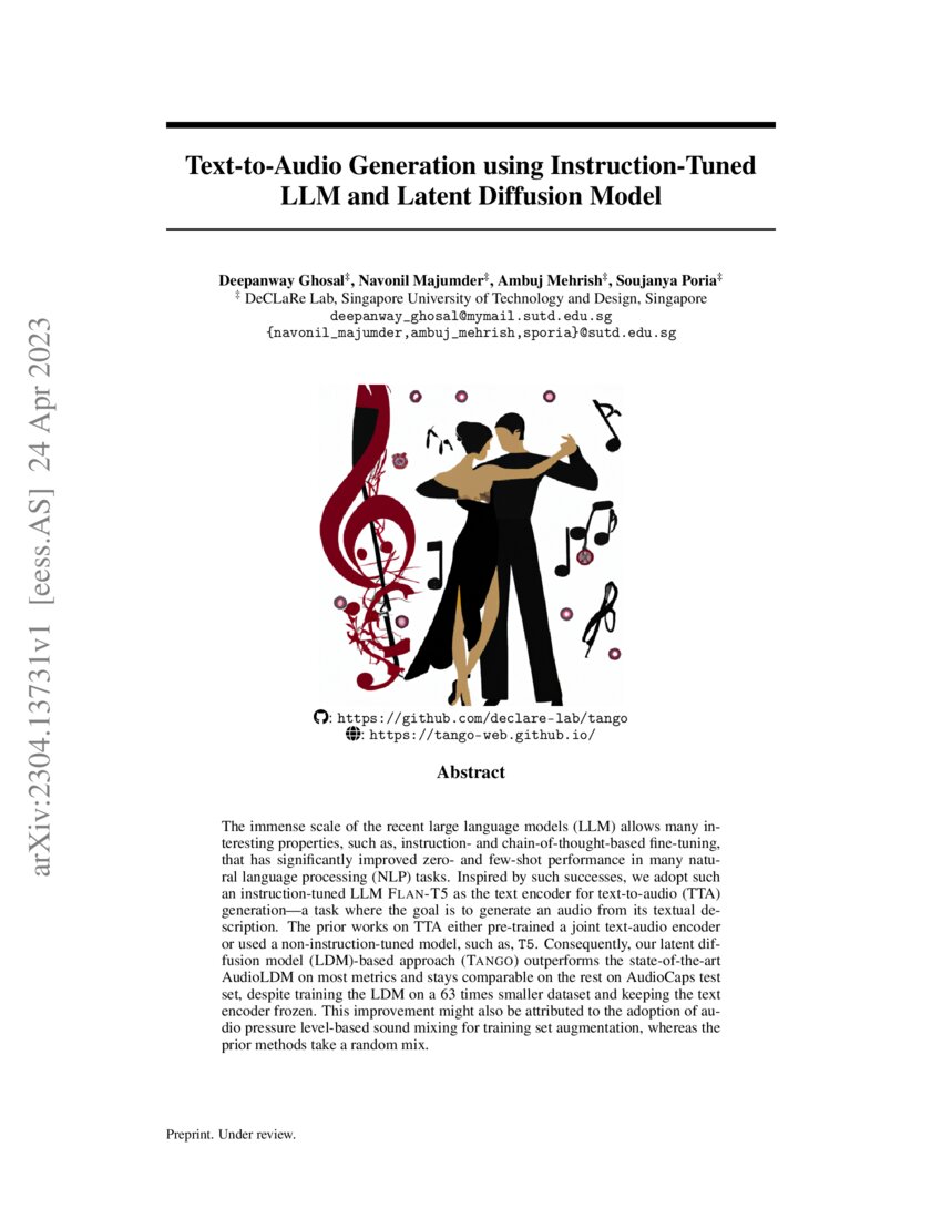 Text-to-Audio Generation using Instruction-Tuned LLM and Latent Diffusion Model | DeepAI