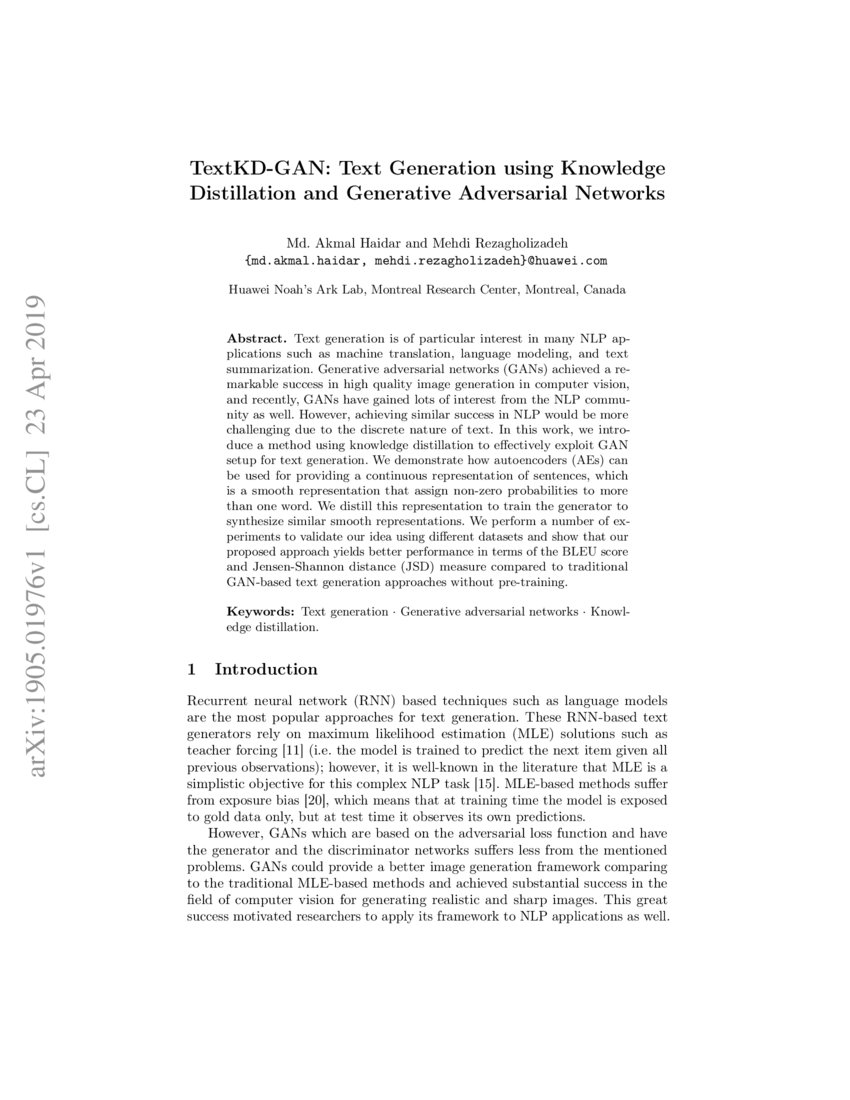 TextKD-GAN: Text Generation using KnowledgeDistillation and Generative ...