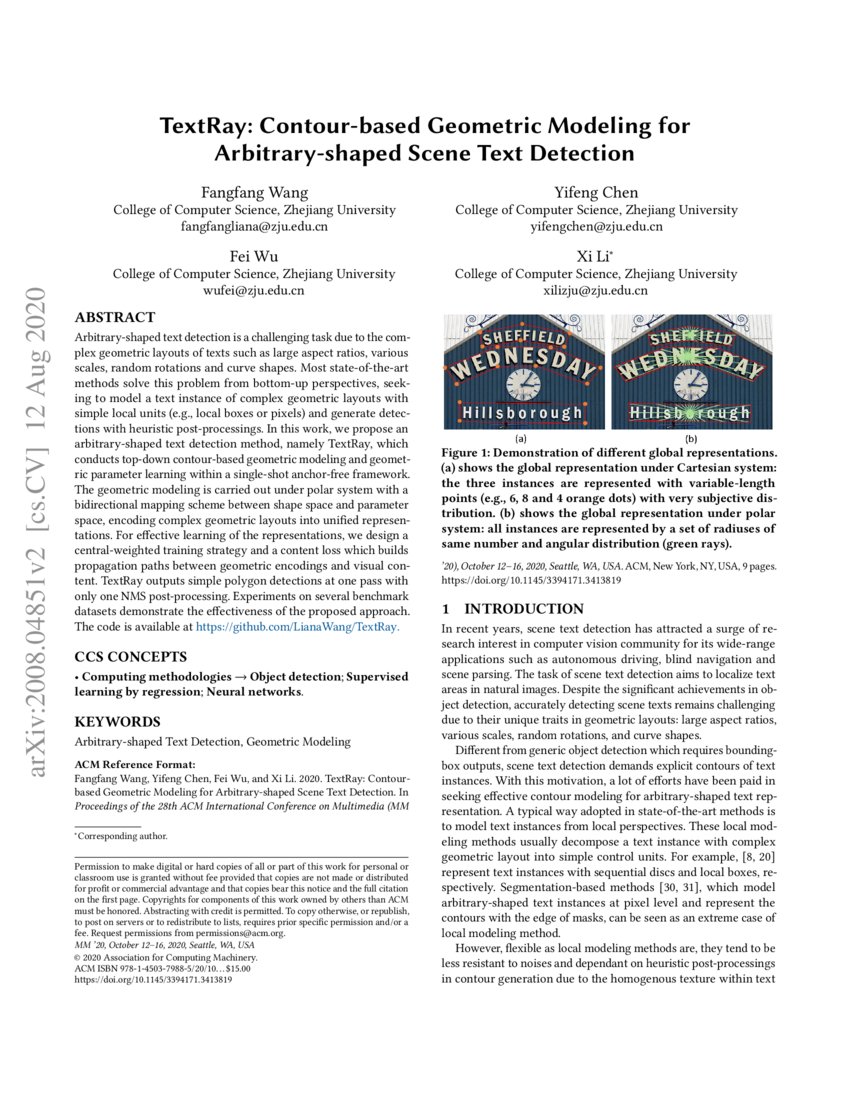Textray Contour Based Geometric Modeling For Arbitrary Shaped Scene Text Detection Deepai