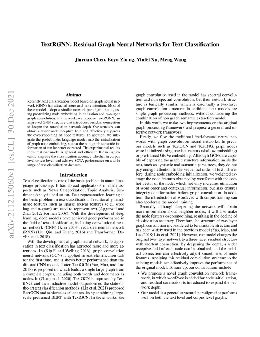 TextRGNN: Residual Graph Neural Networks for Text Classification | DeepAI