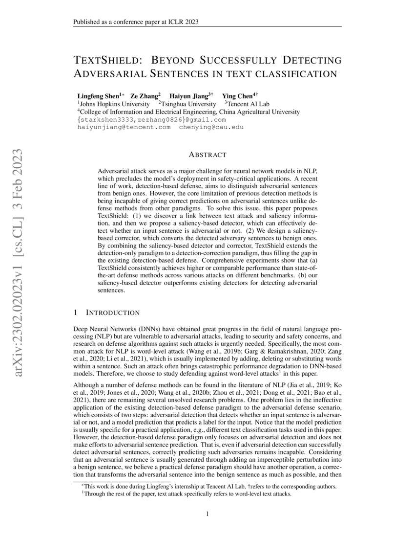 Textshield Beyond Successfully Detecting Adversarial Sentences In Text Classification Deepai