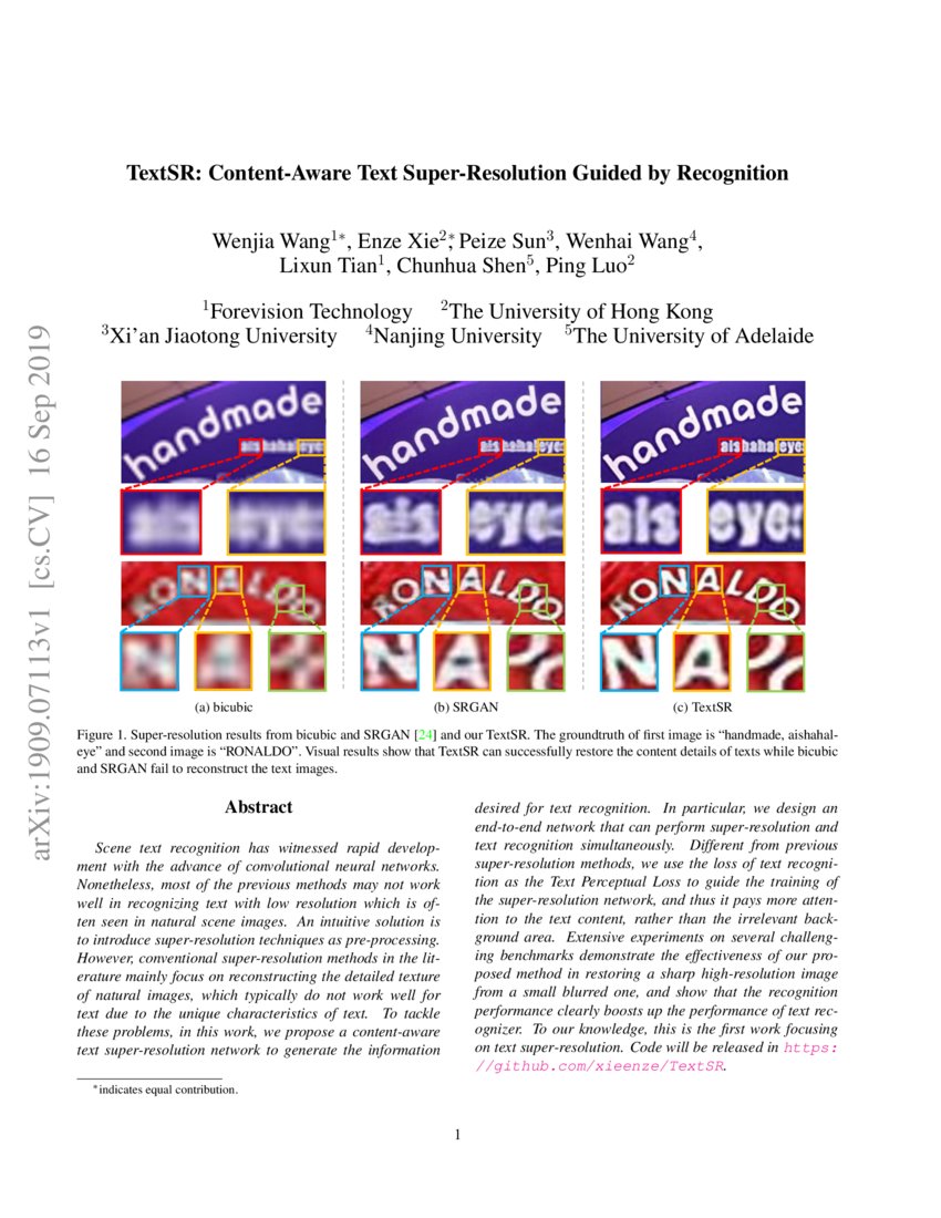 TextSR: Content-Aware Text Super-Resolution Guided by Recognition | DeepAI
