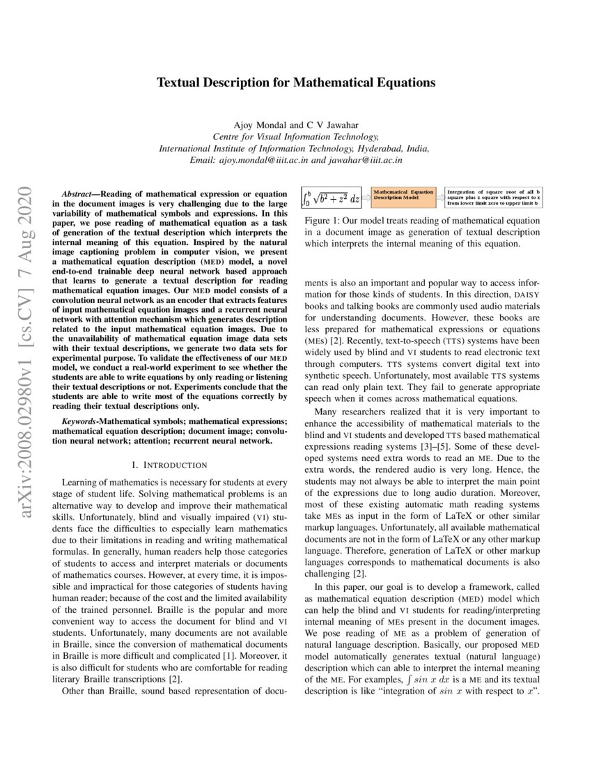 Textual Description for Mathematical Equations | DeepAI
