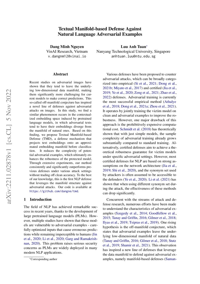 Textual Manifold-based Defense Against Natural Language Adversarial ... Textual Manifold-based Defense Against Natural Language Adversarial ...