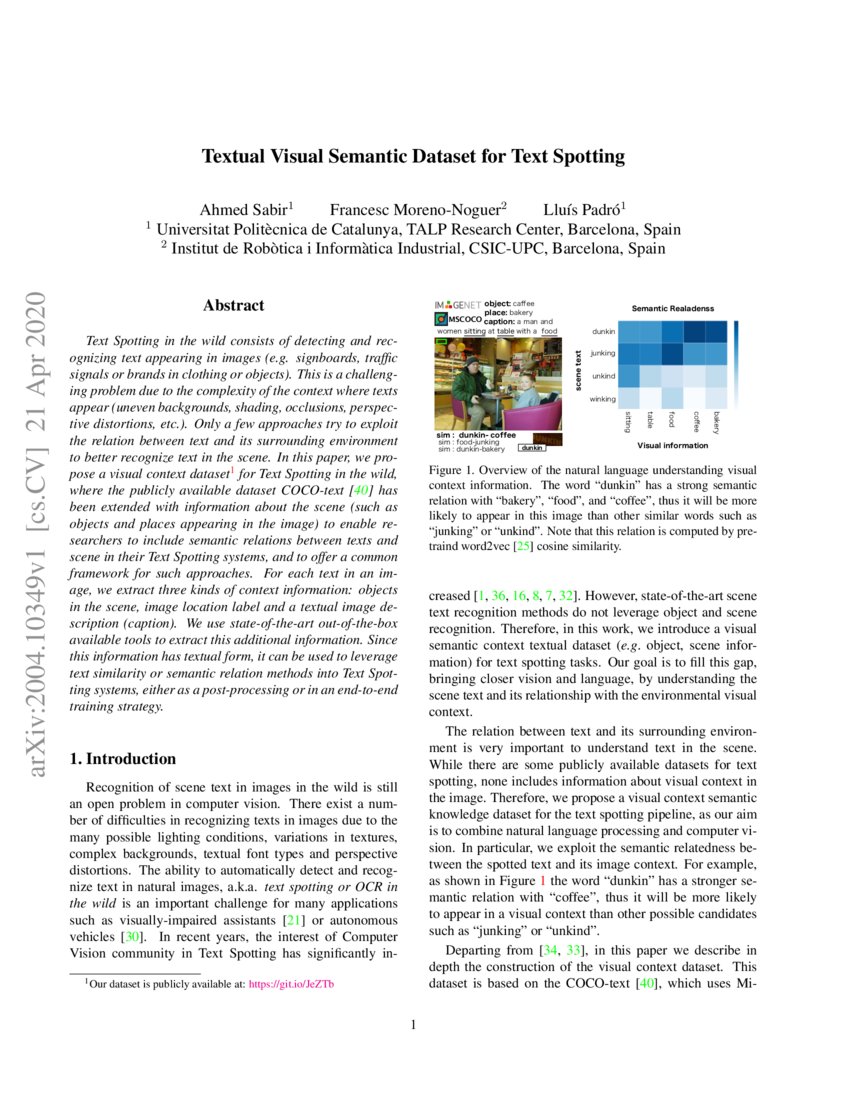 Textual Visual Semantic Dataset For Text Spotting Deepai