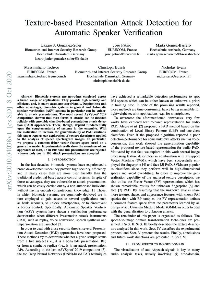 Texture Based Presentation Attack Detection For Automatic Speaker Verification Deepai