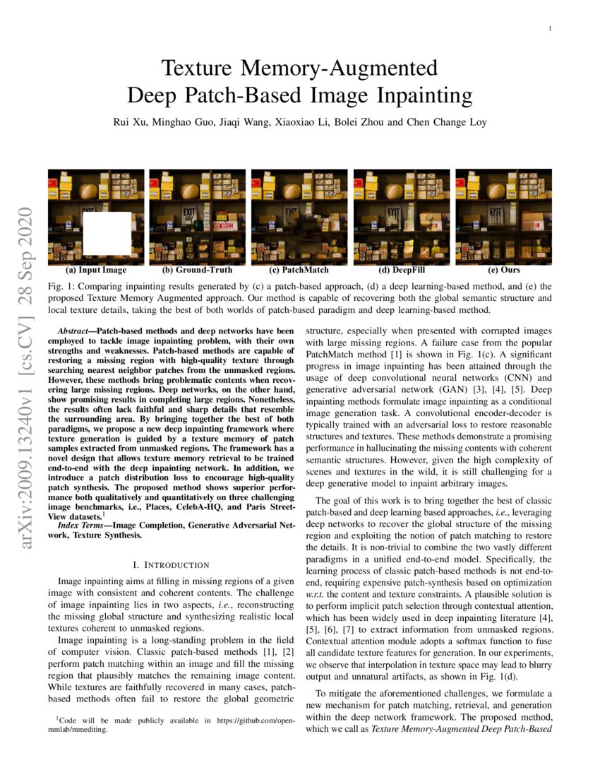 Texture Memory-Augmented Deep Patch-Based Image Inpainting | DeepAI
