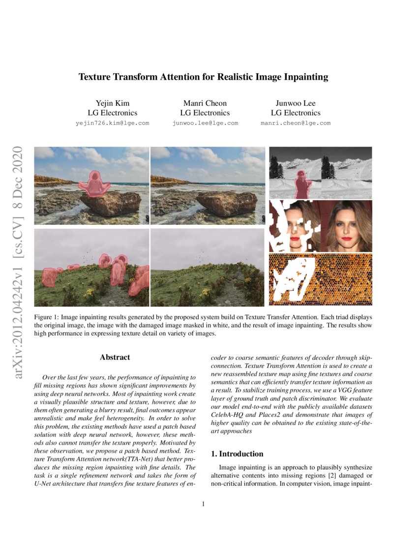 Texture Transform Attention for Realistic Image Inpainting | DeepAI