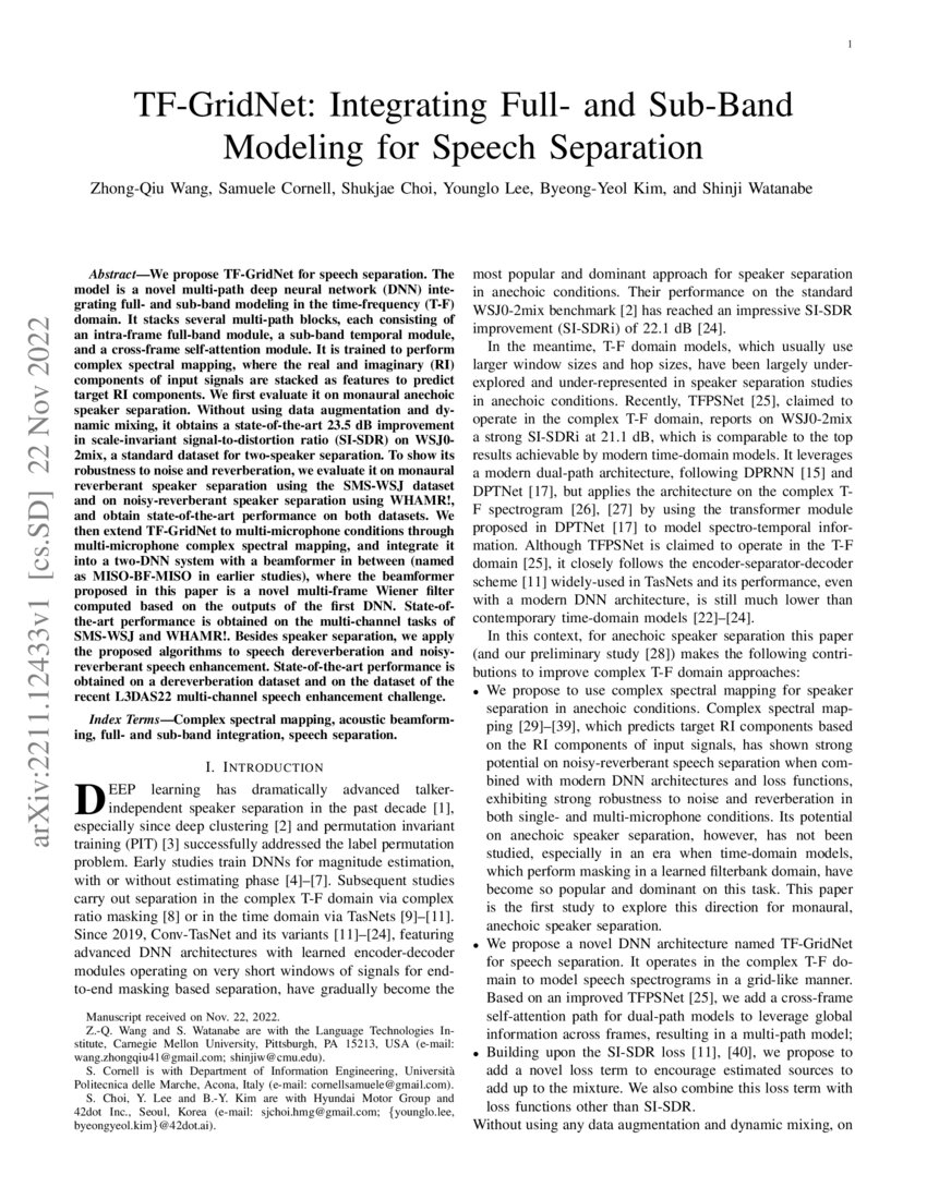 Tf Gridnet Integrating Full And Sub Band Modeling For Speech Separation Deepai