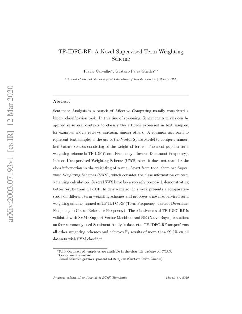 TF-IDFC-RF: A Novel Supervised Term Weighting Scheme | DeepAI