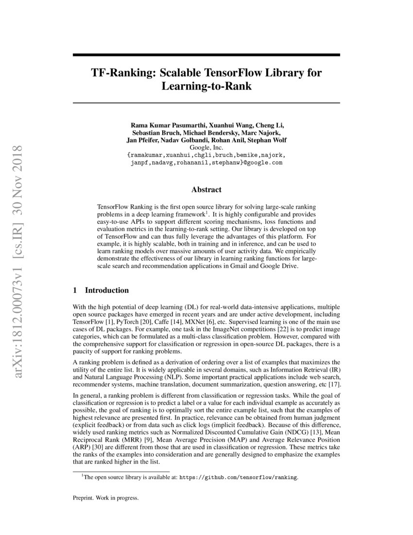 TF-Ranking: Scalable TensorFlow Library for Learning-to-Rank | DeepAI