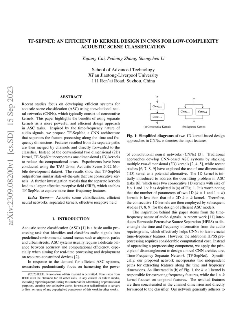 TF-SepNet: An Efficient 1D Kernel Design in CNNs for Low-Complexity ... TF-SepNet: An Efficient 1D Kernel Design in CNNs for Low-Complexity ...