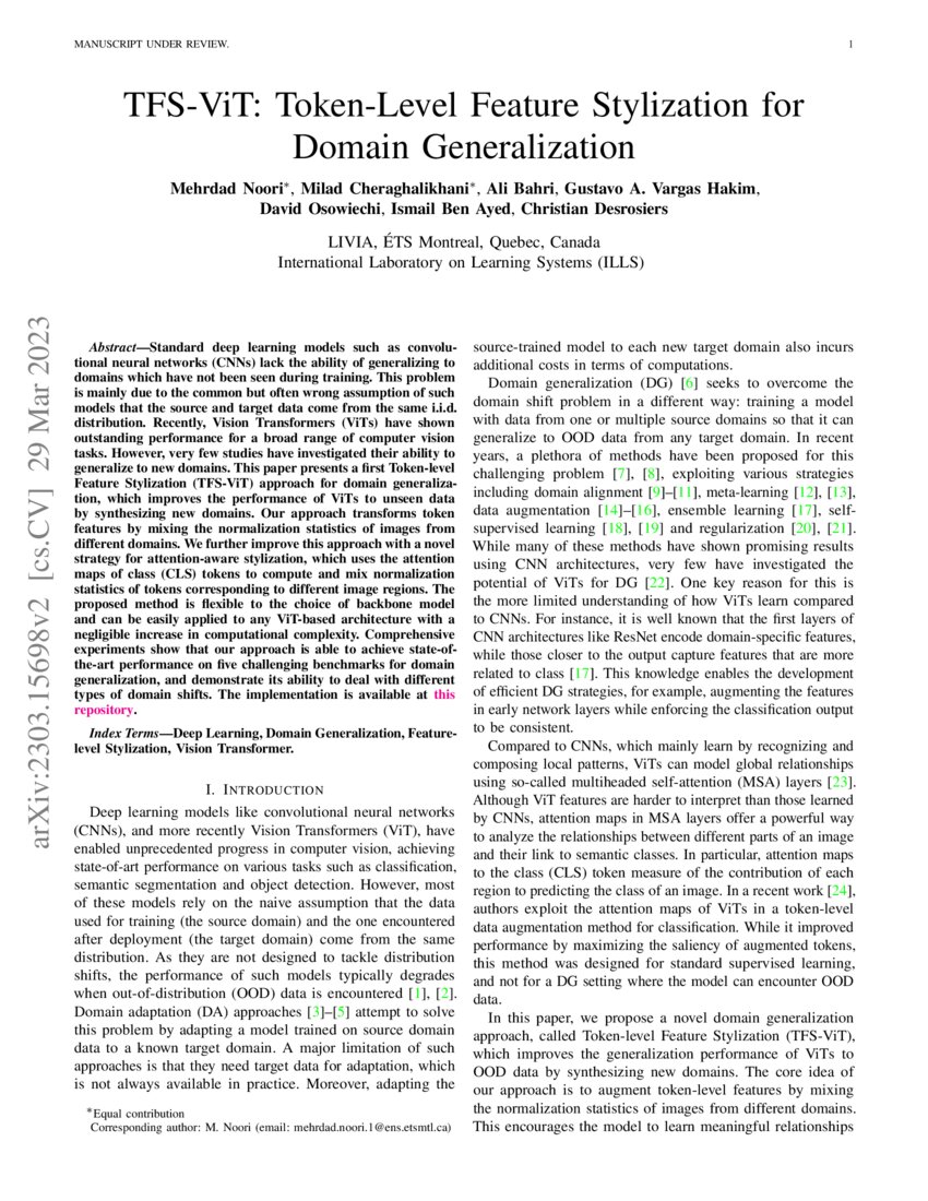 Tfs Vit Token Level Feature Stylization For Domain Generalization Deepai
