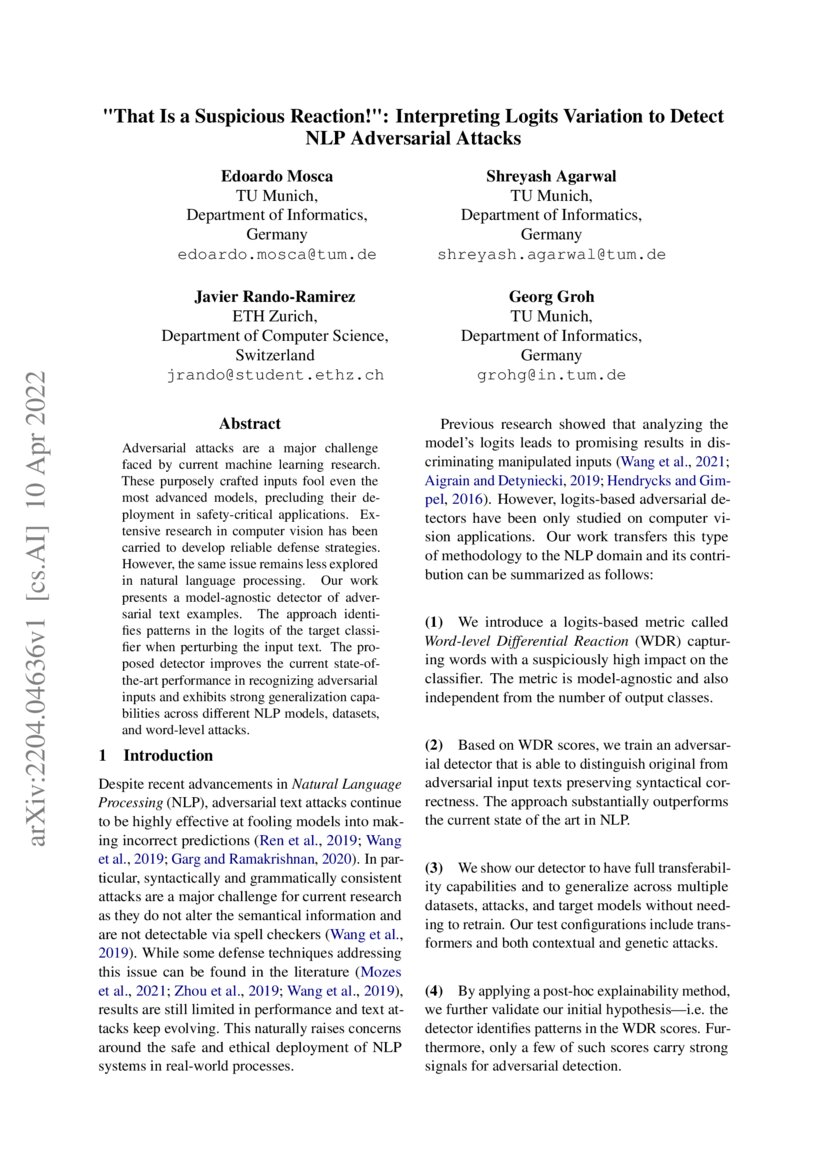"That Is a Suspicious Reaction!": Interpreting Logits Variation to Detect NLP Adversarial ...