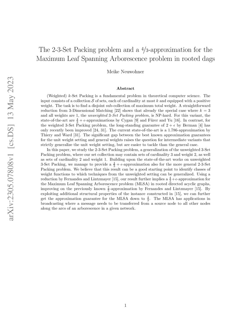 The 2 3 Set Packing Problem And A 4 3 Approximation For The Maximum Leaf Spanning Arborescence