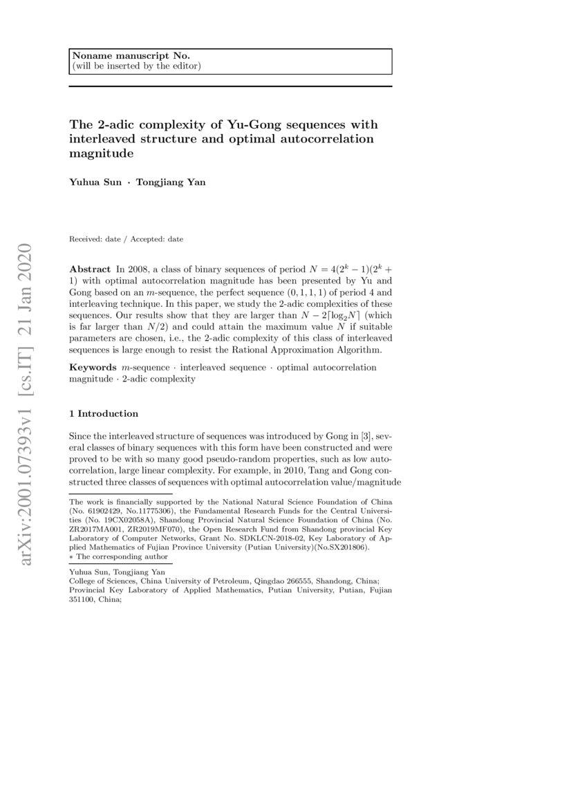 The 2 Adic Complexity Of Yu Gong Sequences With Interleaved Structure And Optimal