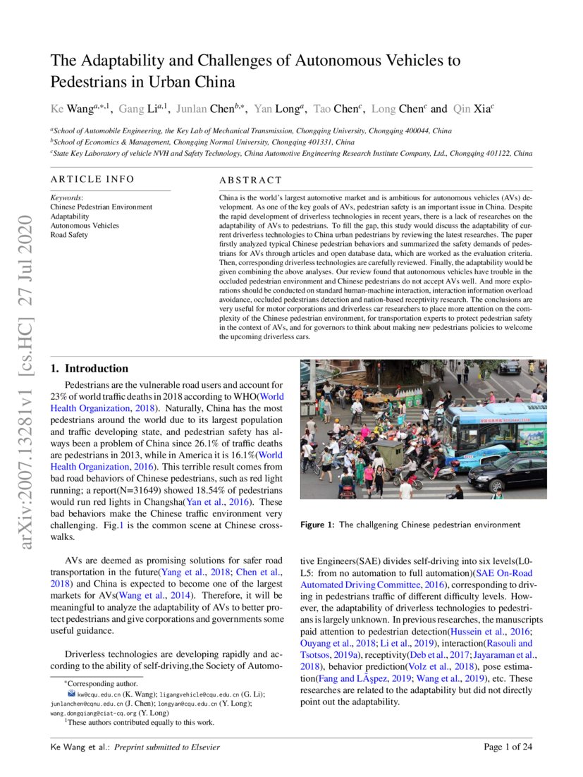 The Adaptability and Challenges of Autonomous Vehicles to Pedestrians ...