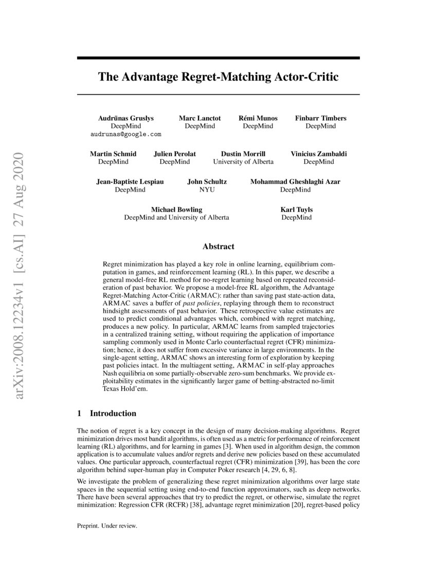 The Advantage Regret-Matching Actor-Critic | DeepAI