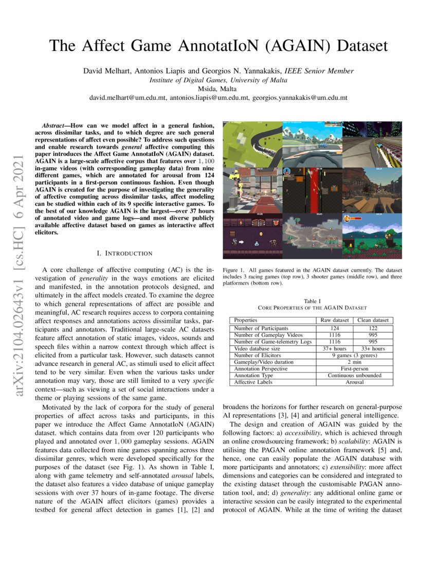 The Affect Game AnnotatIoN (AGAIN) Dataset | DeepAI