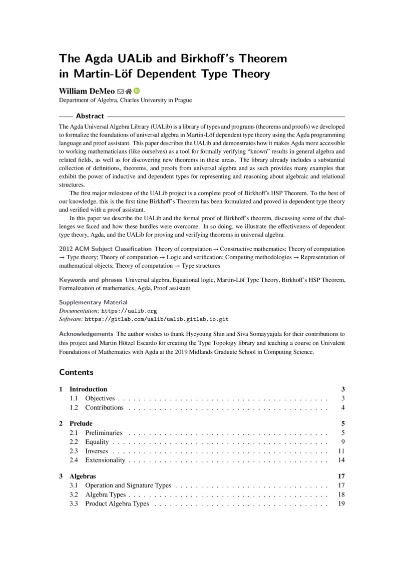 The Agda Universal Algebra Library and Birkhoff's Theorem in Dependent ... The Agda Universal Algebra Library and Birkhoff's Theorem in Dependent ...