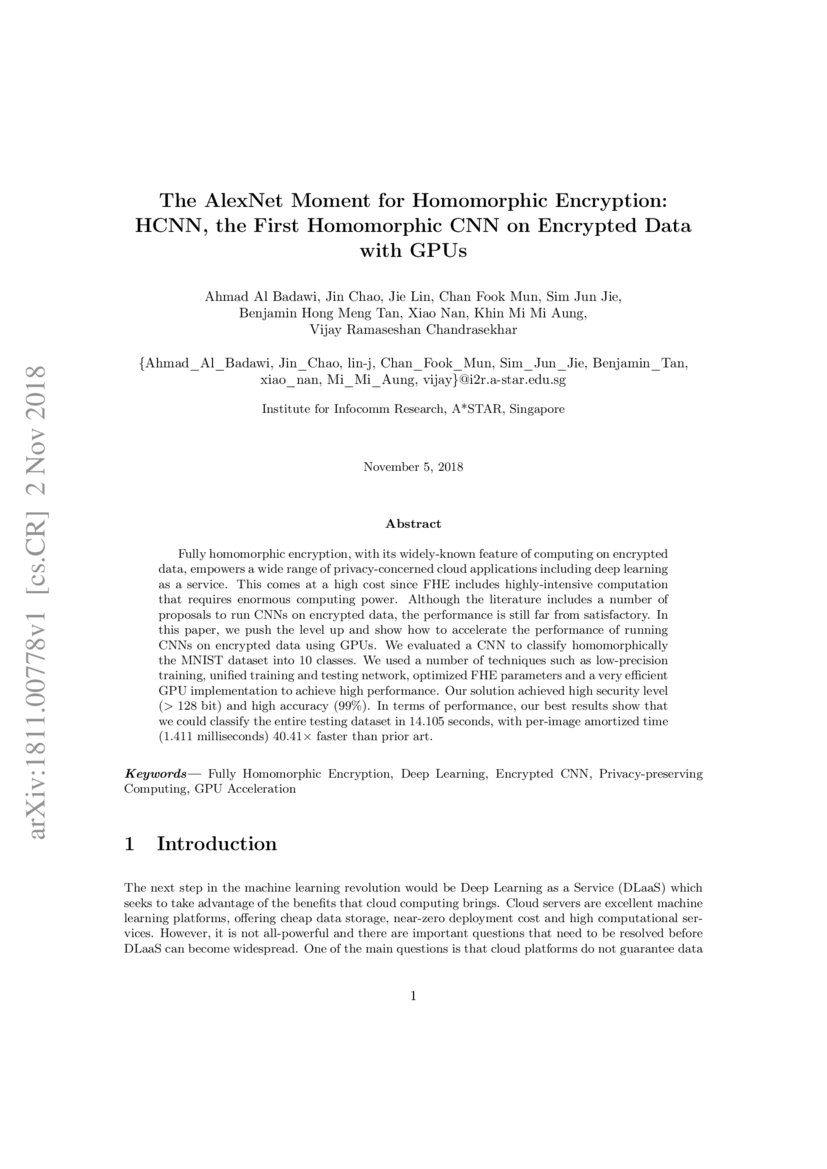 The AlexNet Moment for Homomorphic Encryption: HCNN, the First ...