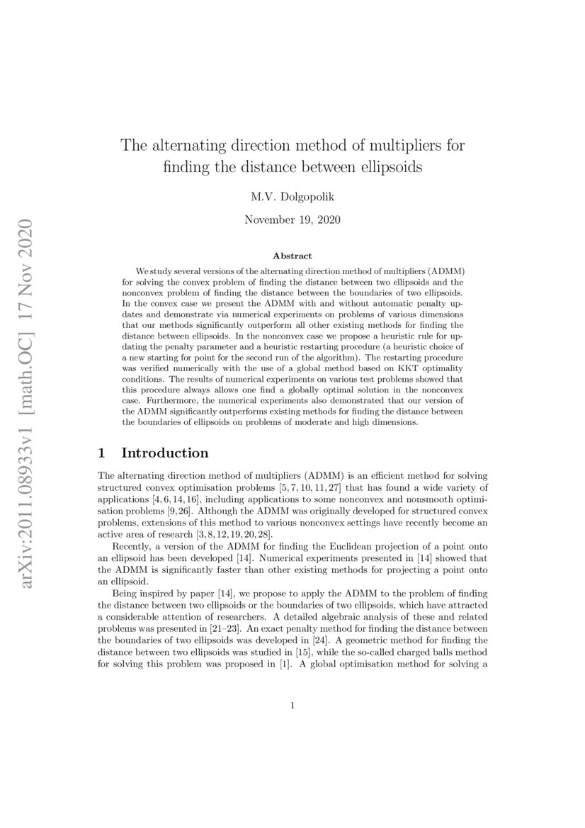 The alternating direction method of multipliers for finding the distance between ellipsoids | DeepAI
