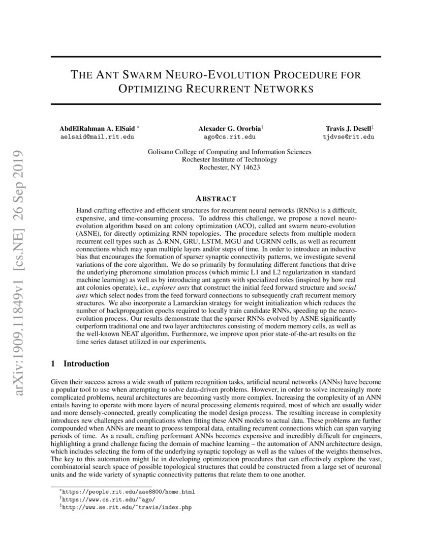 The Ant Swarm Neuro-Evolution Procedure for Optimizing Recurrent ...