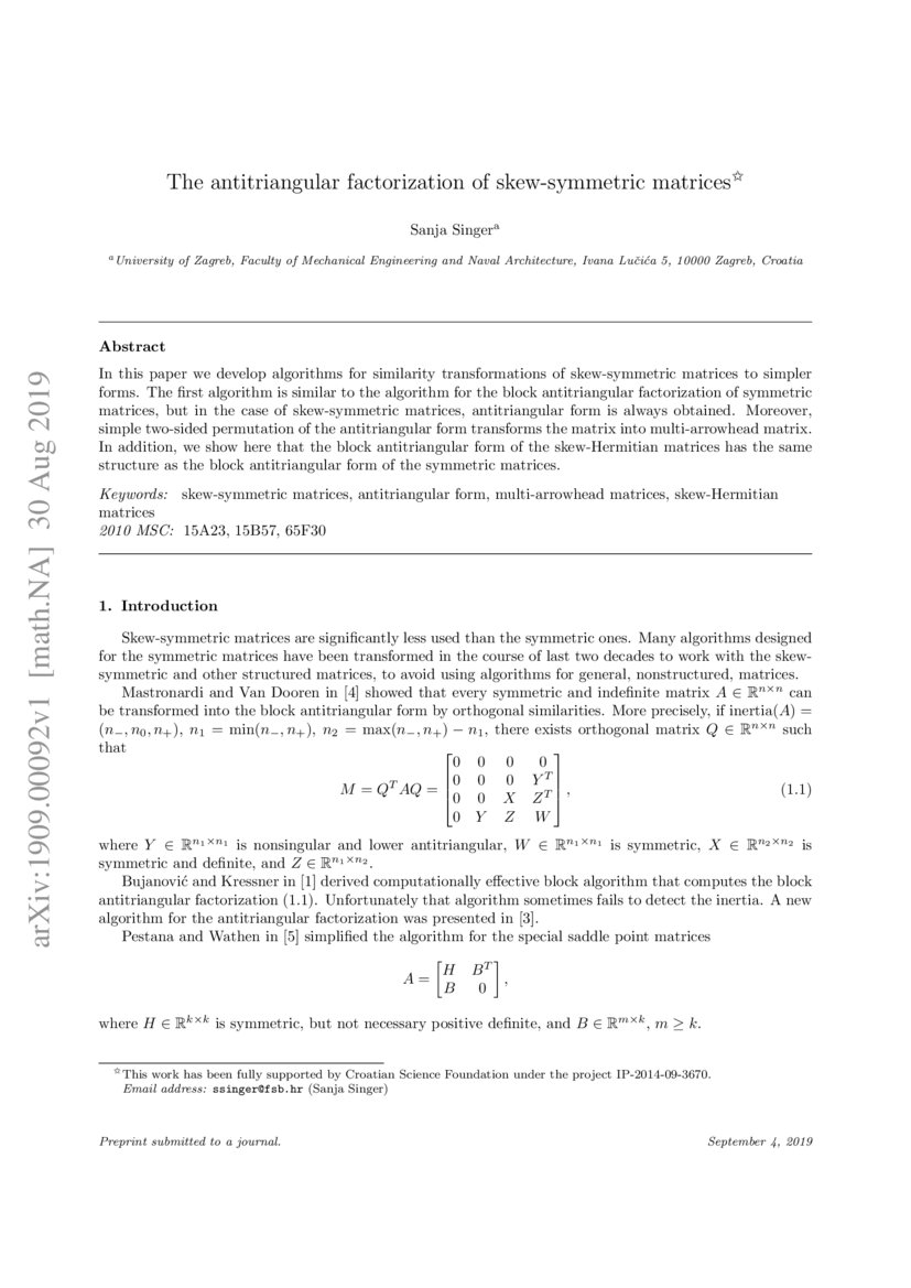 The antitriangular factorization of skew-symmetric matrices | DeepAI