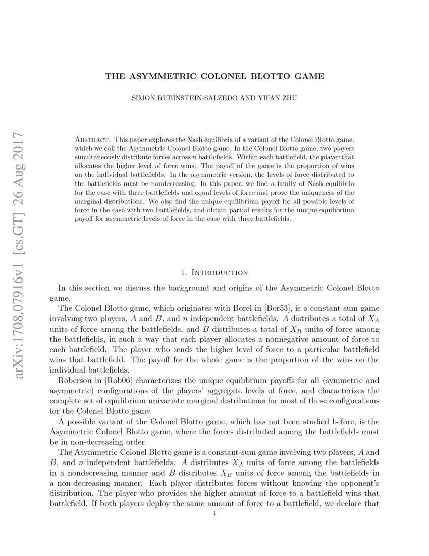 The Asymmetric Colonel Blotto Game Deepai